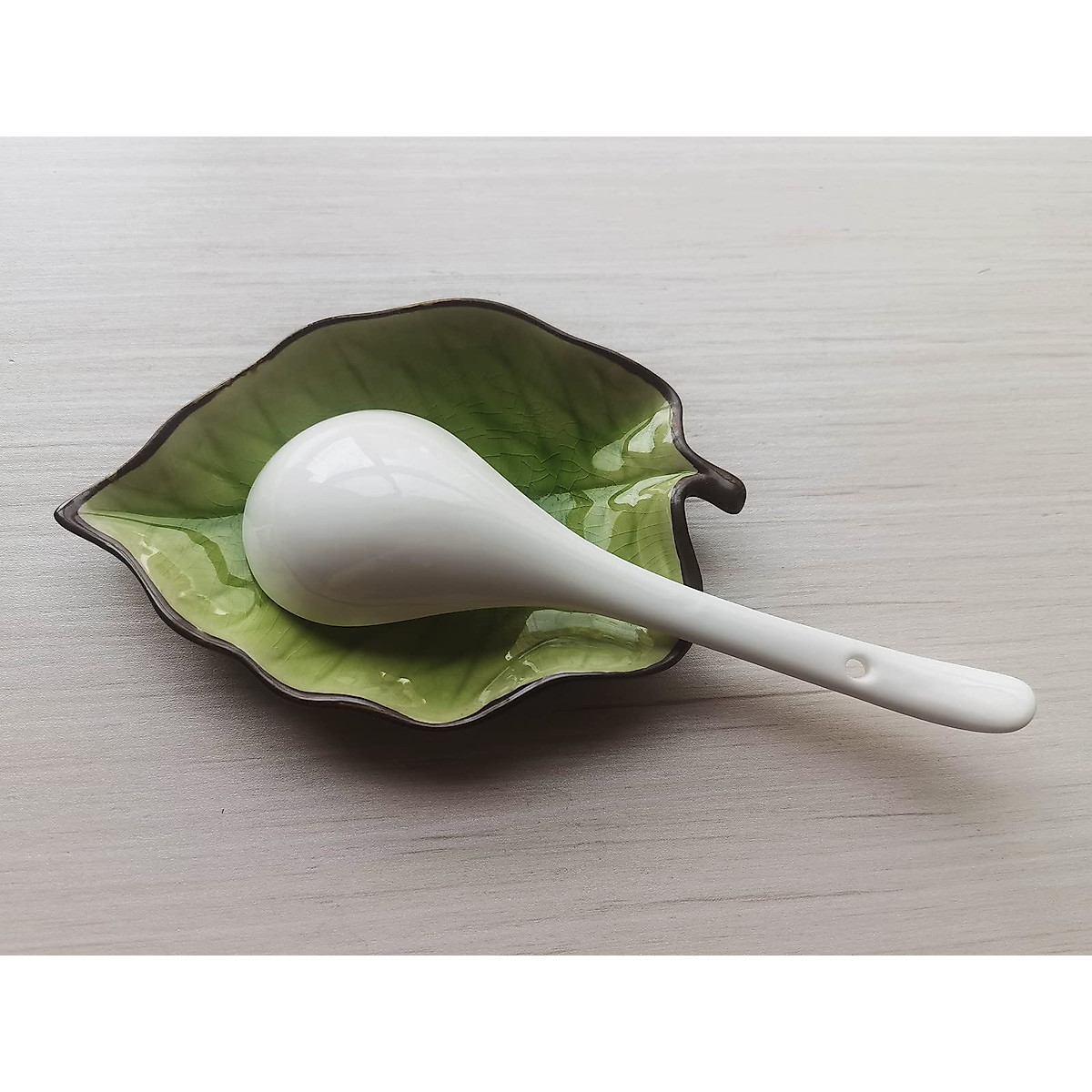 Ceramic Spoon Rest Cooking Spoon Holder for Kitchen Counter/Stove Top/Dining Table with Cute Spoon, Leaf Shaped, Modern Farmhouse Decorative, 7.5x5.1 inch