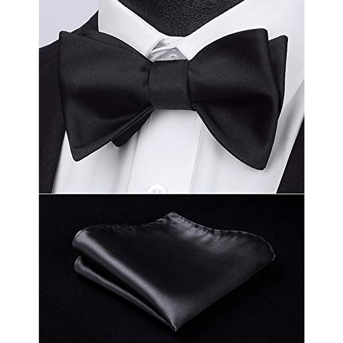 HISDERN Bow Ties for Men Solid Black Self Tie Bow Tie & Pocket Square Set Classic Formal Satin Bow ties for Tuxedo Wedding Party