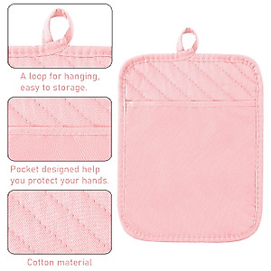 GROBRO7 6Pcs Cotton Oven Mitts and Pot Holders Set Heat Resistant Hot Pads Durable Pocket Pot Holder Machine Washable BBQ Gloves with Hanging Loop for Safe Kitchen Baking Cooking Grilling Pink