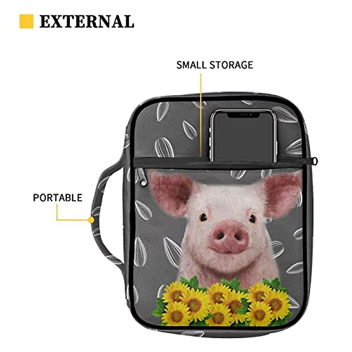 Drydeepin Yellow Sunflower Cute Pig Print Women Bible Covers Large Bible Tote Handbags with Zippered Bible Study Supplies Lightweight Church Carrying Bag,Grey