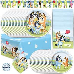 Unique Bluey Birthday Party Supplies | Serves 16 Guests | Bluey Party Supplies | Bluey Party Decorations | Banner, Table Cloth, Dinner & Cake Plates, Napkins, Sticker | Officially Licensed