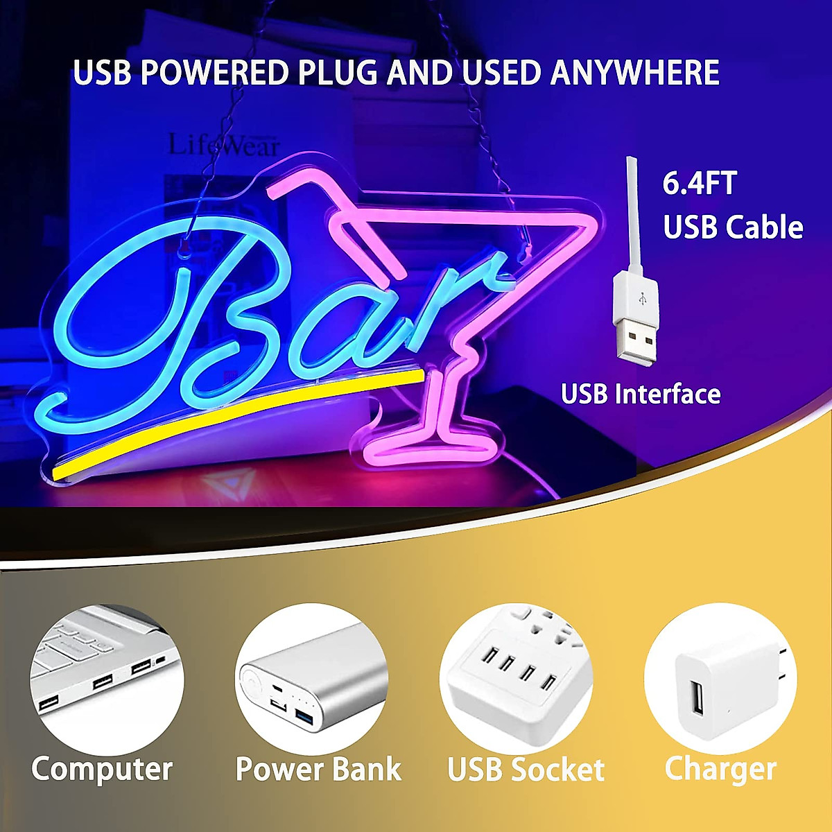 Pedaiah Bar Neon Sign - Acrylic LED Bar Sign with Hanging Chain, USB Powered, 14.96x9.06 inches, Bar Decor for Home, Bistro, Party, Club, Wall Decor