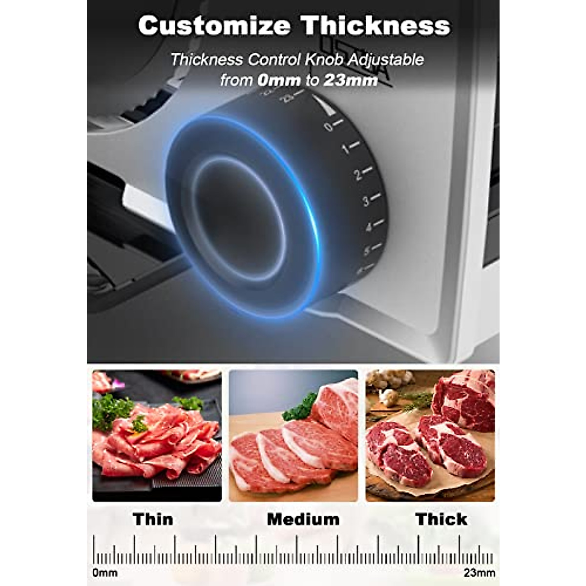 OSTBA Die-Cast Electric Deli Food Slicer with Two Removable Stainless Steel Blades,0-23mm Adjustable Thickness Meat Slicer for Home, Food Slicer Machine with Food Tray,160W