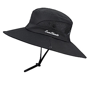 Women's Outdoor UV-Protection-Foldable Sun-Hats Mesh Wide-Brim Beach Fishing Hat with Ponytail-Hole (Black)