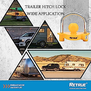 RETRUE Universal Coupler Lock Trailer Locks Ball Hitch Trailer Hitch Lock Adjustable Security Heavy-Duty Steel Fits 1-7/8 Inch, 2 Inch, 2-5/16 Inch Couplers Yellow