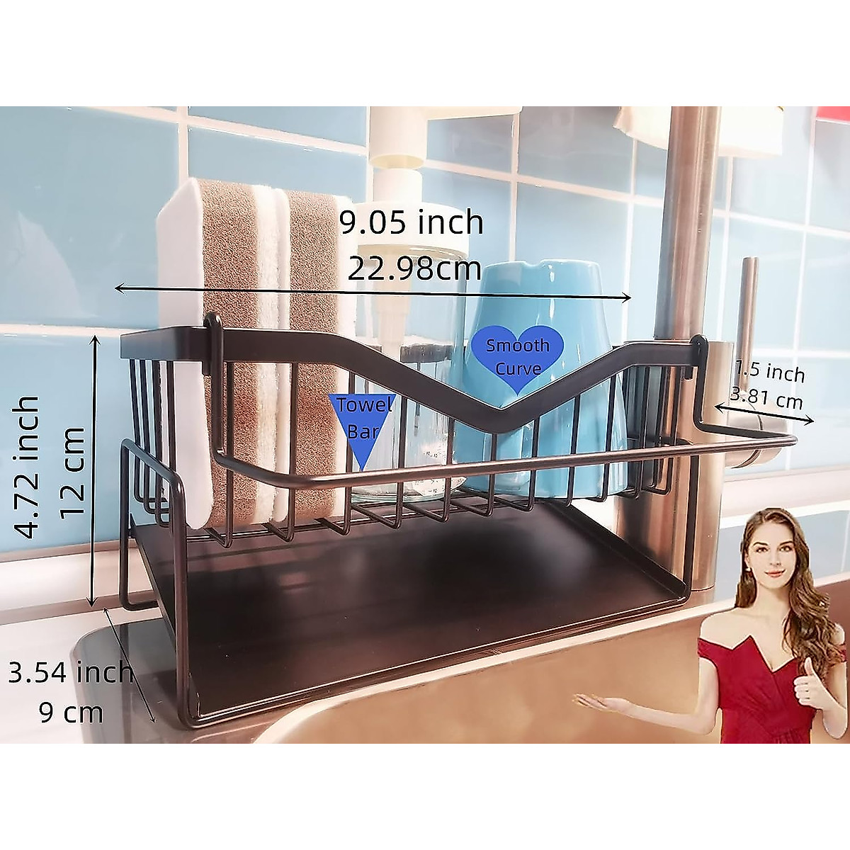 DMJWAN Kitchen Sink Caddy Organizer, 304 Stainless Steel Sponge Holder Sink Caddy with Auto Drain Tray, Holds Sponge, Dish Soap Dispenser, Cleaning Towel, Scrubber, and Utensils