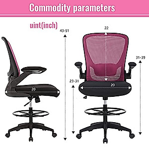BestOffice Drafting Chair Tall Office Chair with Adjustable Foot Ring and Flip-Up Arms Computer Standing Desk Chair Executive Rolling Swivel Chair for Office & Home,Pink