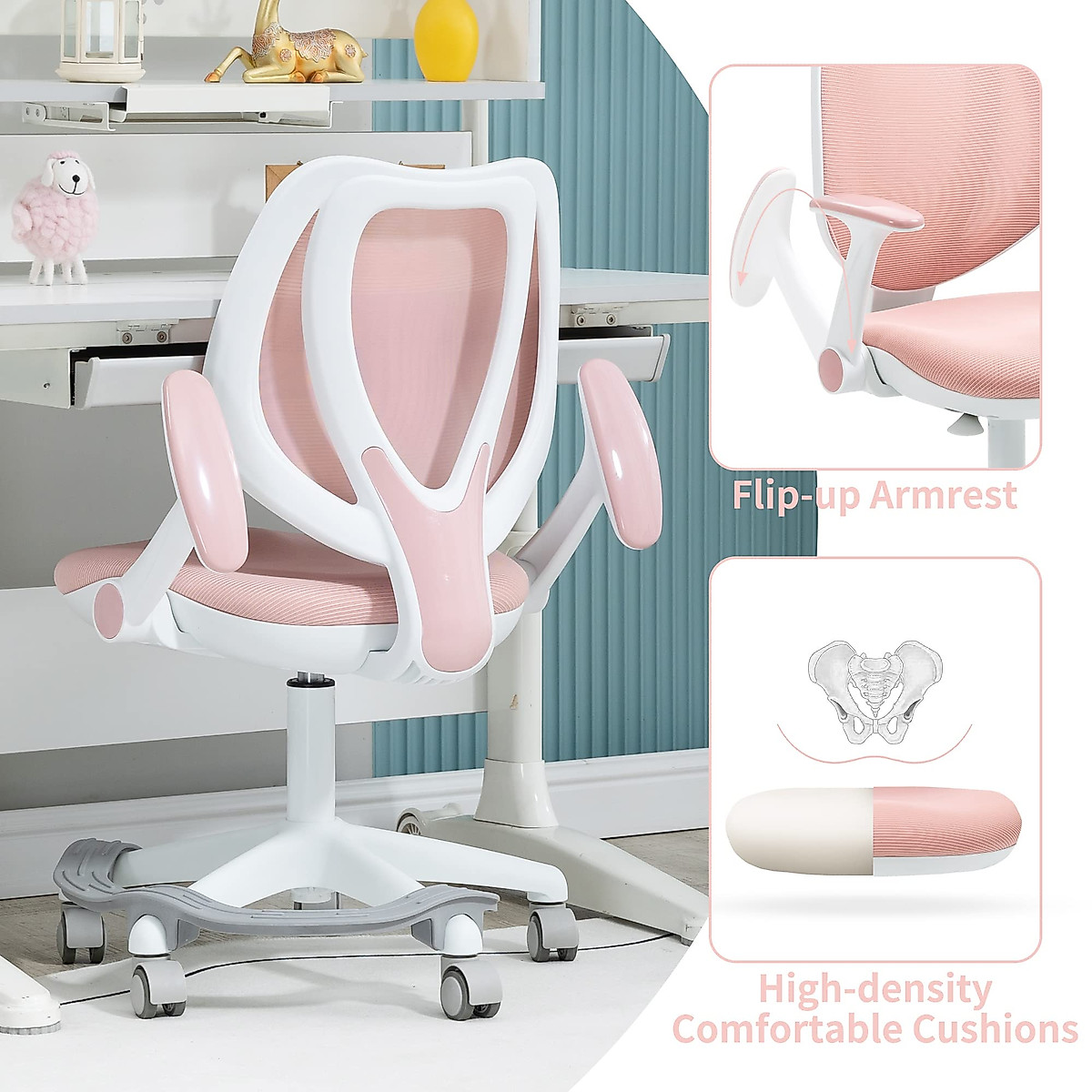 HOMEFUN Kids Desk Chair, Computer Chairs with Armrest and Footrest for Boys Girls Cute Mesh Ergonomic with Adjustable Height Swivel Safe Sit-Locking Casters Pink