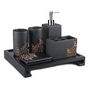 Soap Dispenser Hand Soap Dispenser 6-Piece Bathroom Accessory Resin Set Lotion Dispenser Tumbler Toothbrush Holder Soap Dish and Tray，Elegant Golden Pattern，Black Manual Soap Dispenser Soap Dispenser
