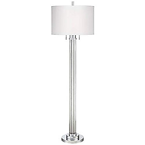 Possini Euro Design Cadence Modern Glam Style Floor Lamp Art Deco 62" Tall Brushed Nickel Crystal Glass Standing Column Linen Fabric Drum Shade for Living Room Reading House Bedroom
