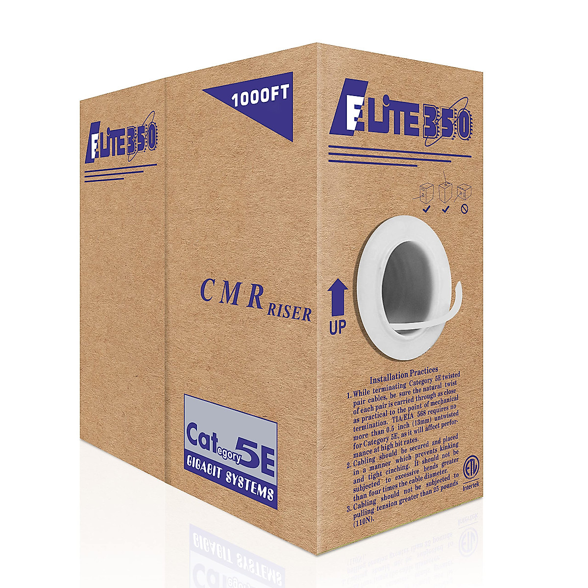CAT5E Riser (CMR), 1000ft, UTP 24AWG, Solid Bare Copper, 350MHz, UL Certified, Easy to Pull (Reelex II) Box, Bulk Ethernet Cable, White