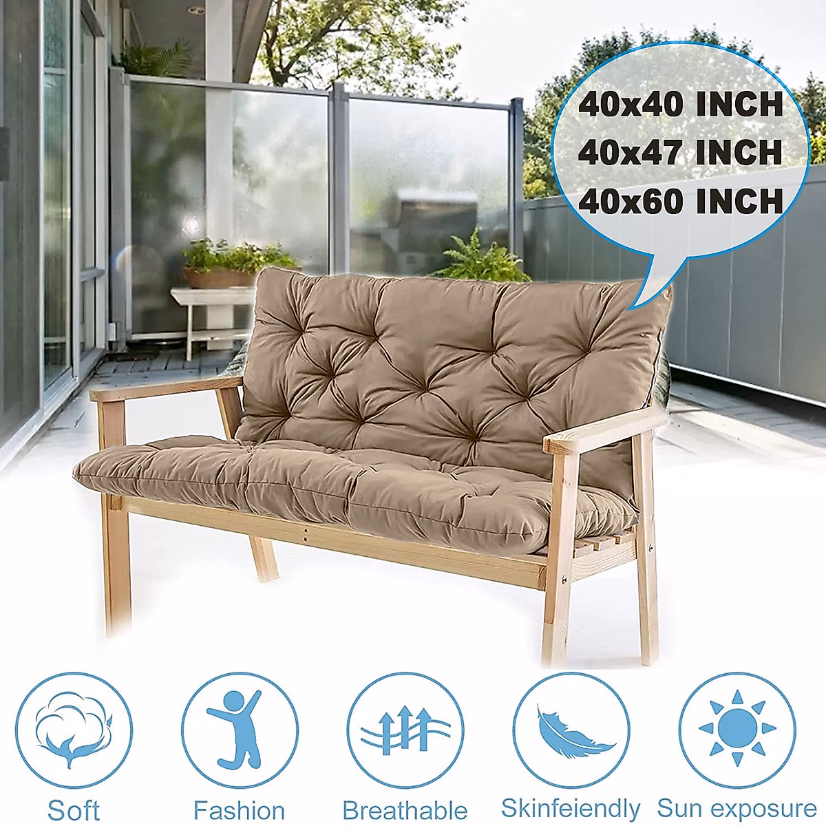 Replacement Cushions for Outdoor Swing, Waterproof Bench Cushions with Backrest Outdoor Furniture 2-3 Seater Washable Swing Replacement Cushions for Garden Patio loveseat Pad(Khaki 40x47 inch)