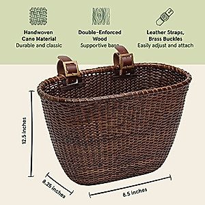 Retrospec Cane Woven Oval Dreamcatcher Basket with Authentic Leather Straps & Brass Buckles, Dark Stain