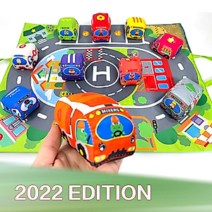 Soft Car Toy Set with Play Mat for 1 Year Old Baby, 10 Vehicle, 1 Play Mat Storage Bag, Baby Toys 12-18 Months, Early Educational Toys Birthday Gift, Toys for 1 2 3 Year Old Toddlers Boys Girls