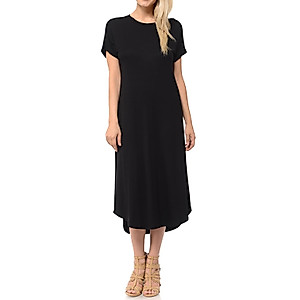 iconic luxe Women's Casual Loose-Fit Midi T-Shirt Dress – Short Sleeve, Soft Stretchy Fabric, Lightweight Large Black