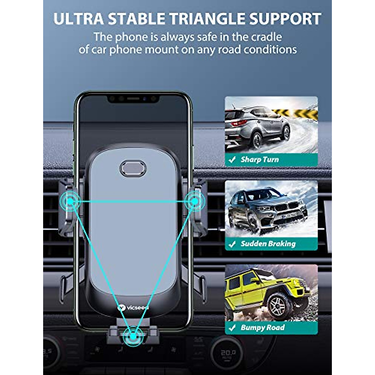 2022 Upgraded Auto Clamp Cell Phone Holder for Car, VICSEED Car Phone Holder Mount Ultra Stable Car Phone Mount Strong Grip Air Vent Phone Car Holder Case Friendly Fit for iPhone 12 and All Smartphone