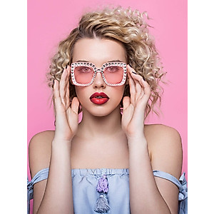 Frienda Oversize Square Glitter Sunglasses Sparkly Sunglasses Retro Thick Frame Sunglasses