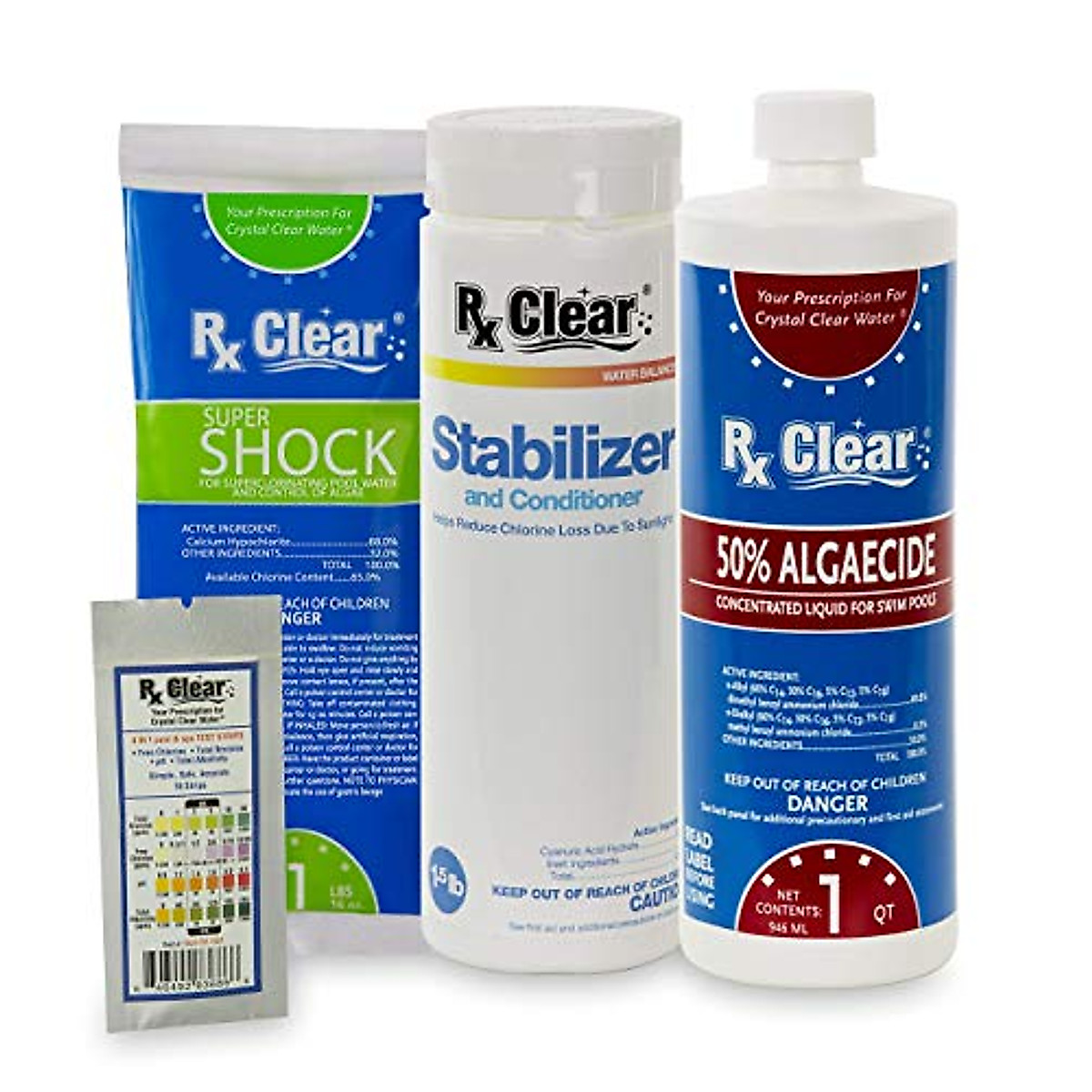 Rx Clear Spring Start-Up Kit | Chemicals for Opening Swimming Pools | Above or Inground | for Pools Up to 7,500 Gallons | Includes Shock, Algaecide, Stabilizer/Conditioner and Test Strips