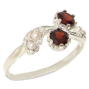 LetsBuyGold 925 Sterling Silver Natural Garnet and Cultured Pearl Womens Band Ring - Sizes 4 to 12 Available
