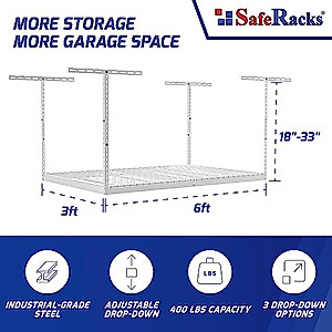 SafeRacks Overhead Garage Storage Rack - Heavy Duty Racks for Garage with 400 lb Capacity, Easy Garage Shelving, Adjustable Storage Rack, Ceiling Mount Storage Shelves 3x6 White (18"-33")