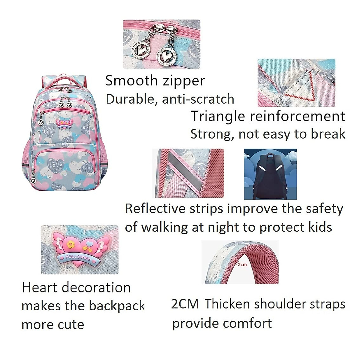 ETAISHOW Girls Heart-Print Backpack for School Elementary Kids School Bag Waterproof Bookbag Lightweight