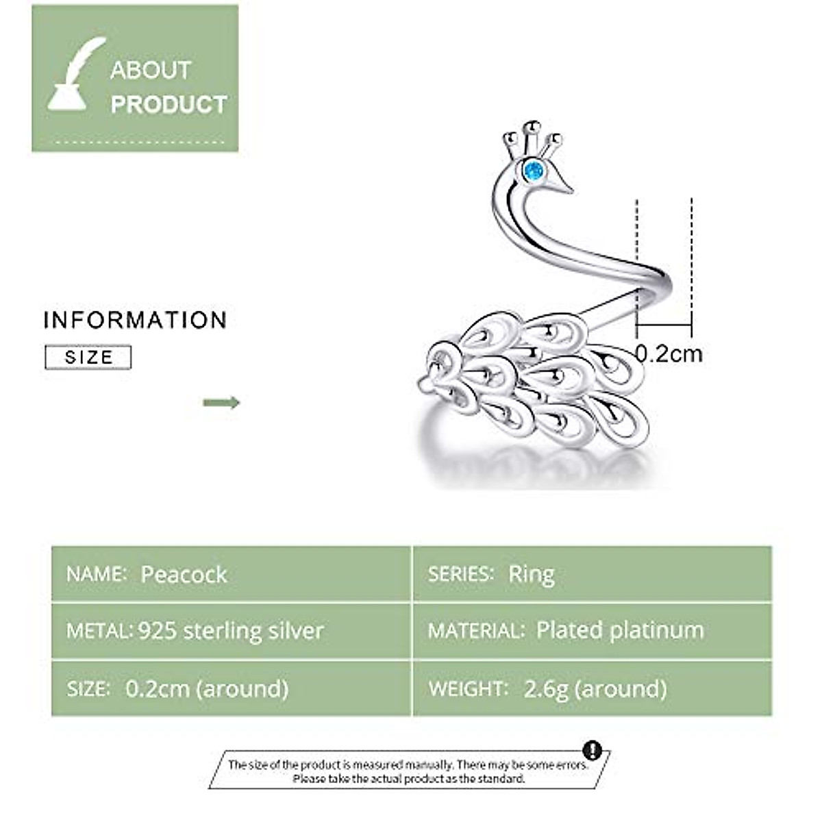 Dainty Peacock Sterling Silver Open Wrap Rings for Women Adjustable Elegant Animal Bule Crystal Cuff Finger Eternity Ring Expandable Band Jewelry Gifts