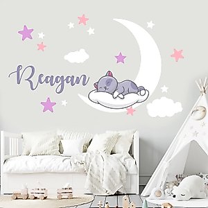 waldo Multiple Font Custom Name Moon Stars Nursery Theme Wall Decal - WM49G. Removable for Baby Room Mural Kids Girl Cat Girls Bedroom