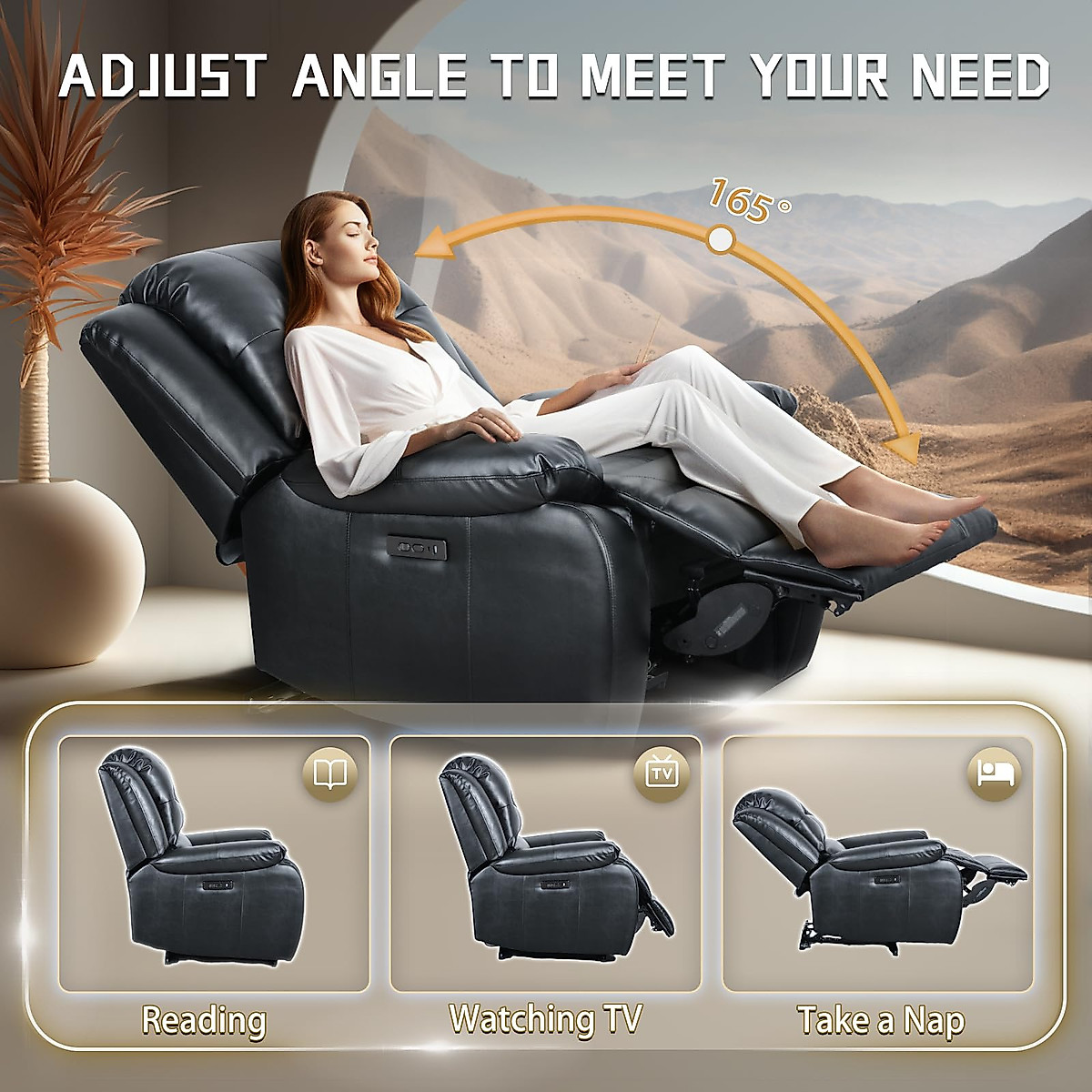 HealthRelife Massage Leather Recliner Chair, Comfy Upholstered Massage Armchair Oversized Modern Chair, Single Reading Chairs Massage Sofa for Bedroom Living Room, Adjustable 3 Positions, Black