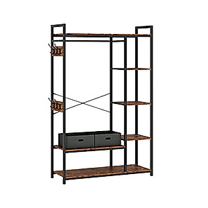 Free Standing Closet Organizer with Storage Box & Side Hook, Portable Garment Rack with 6 Heavy Duty Shelves and Hanging Rod, Black Metal Frame Hanging Closet Shelves - Rustic Brown