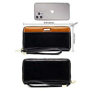 ANDOILT Womens RFID Blocking Genuine Leather Zip Around Wallets Large Cell Phone Holder Clutch Travel Purse Wristlet Black