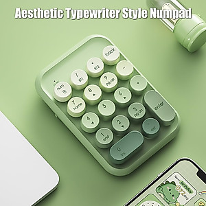TISHLED Typewriter Style Number Keypad Wireless 2.4G/Bluetooth/USB-C Wired Rechargeable Numeric Pad Linear Membrane Switch 18-Key NKRO Retro Round Keycaps Portable for Multi-Device, Matcha Green