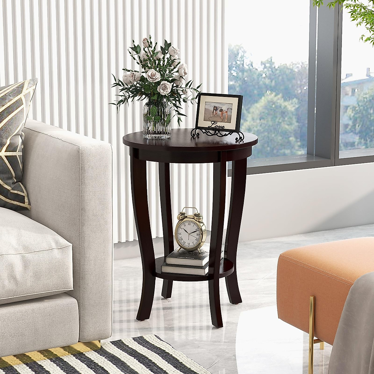 GOFLAME 2-Tier Round End Table, 18” Sofa Side Table with Storage Shelf, Floor Tea Table with Solid Wood Legs, Compact Nightstand for Small Space, Living Room, Bedroom, Espresso