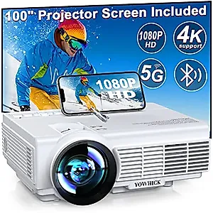 Projector with 5G WiFi and Bluetooth Native 1080P with 32GB Ultra Flair USB 3.0 Flash Drive, YOWHICK Outdoor Projector 4K Support, Mini Portable Movie Projector with Screen