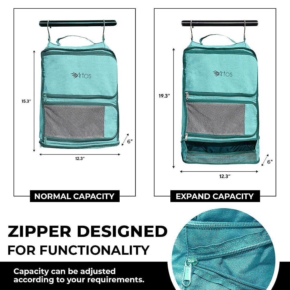 Artos Hanging Portable Luggage Suitcase Carry On Closet Shelving Organizer w/Hooks| for Travel, Camper, RV |Packing Cube(Turquoise)