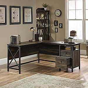 Sauder Steel River L-Shaped Desk, L: 59.84" x W: 57.32" x H: 29.53", Carbon Oak Finish