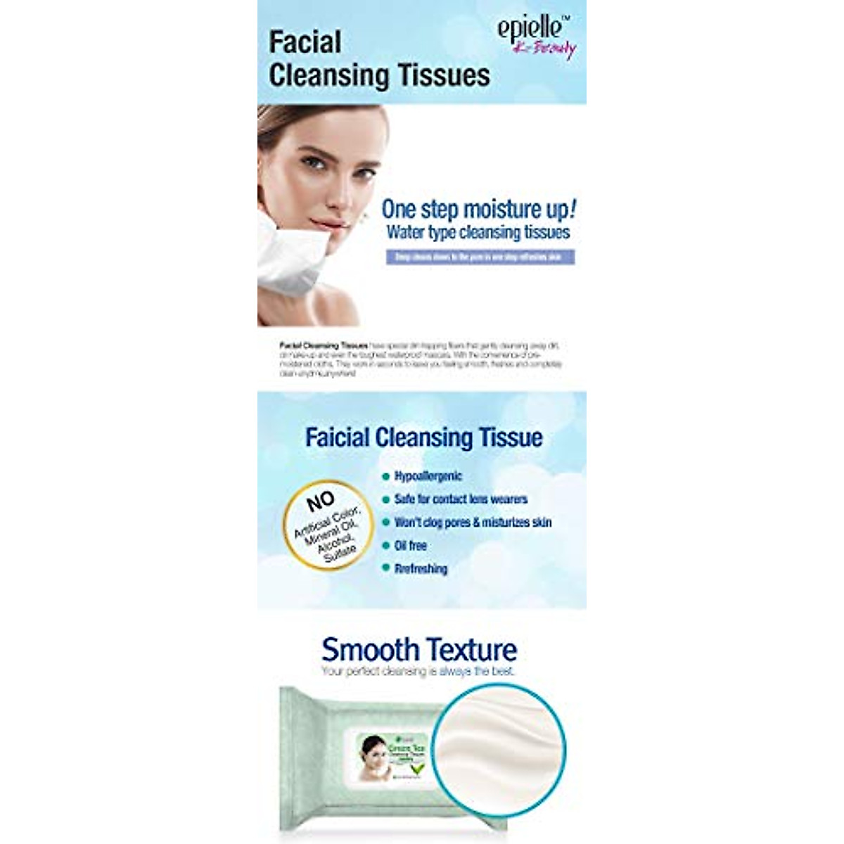 Epielle OG Makeup Remover Cleansing Wipes Tissue Green Tea Towelettes - 60ct (Sheets) per pack, Total 4 packs Beauty Stocking Stuffers Gift