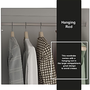 AIEGLE 3-Door Armoire Wardrobe Closet with Drawers, White Coat Closet with Doors, Modern Tall Wardrobe Cabinet Closet with Hanging Rod for Bedroom, Freestanding, White, 20.6" D x 47.2" W x 74.2" H