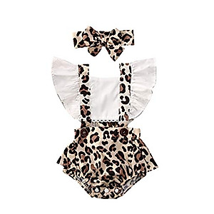 2Pcs Newborn Baby Girl Leopard Ruffles Sleeve Bodysuits Jumpsuit Headband Clothes Romper Set (A-Leopard, 0-6 Months)