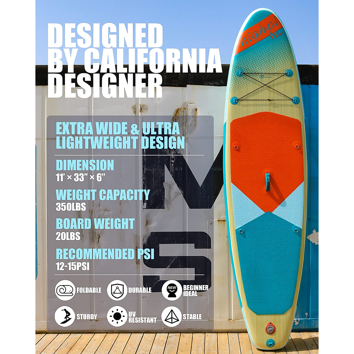 HIGHPI Inflatable Stand Up Paddle Board 11'x33''x6'' Premium SUP W Accessories & Backpack, Wide Stance, Surf Control, Non-Slip Deck, Leash, Paddle and Pump, Standing Boat for Youth & Adult