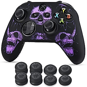 YoRHa Laser Carving Silicone Skin for Xbox Series X/S Controller x 1(Skulls Purple) with Exclusive Thumb Grips x 8