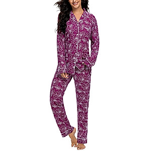 Tugege Pajamas Set Long Sleeve Sleepwear Women Button Down Nightwear Pj Lounge Sets (Burgundy Peony, Large)