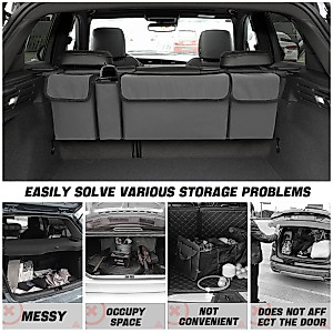AUCELI Car Trunk Organizer, Backseat Hanging Large Storage with Adjustable Straps, Waterproof Collapsible Cargo Bag with 4 Pockets, Sturdy Space Saver Frees Trunk Floor for SUV, Truck, MPV