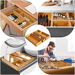Secura Kitchen Drawer Utensil Organizer Box Set 5 Pack, Bamboo Utensil Holder Cutlery Makeup Silverware Jewelry Flatware Organization Tray for Kitchen, Bathroom, Office and Living Room