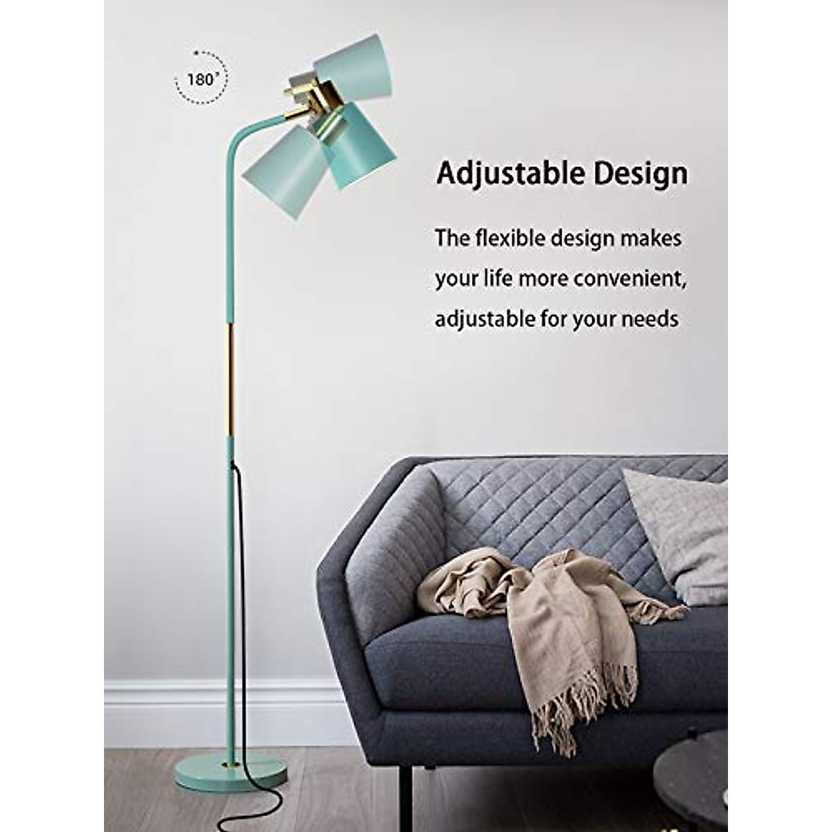 Floor Lamp, Industrial Floor Lamps for Living Rooms Rustic Farmhouse Reading Standing Floor Lamp Adjustable Metal Heads Indoor Task Lighting for Living Room Bedroom Office Home Décor (Green)