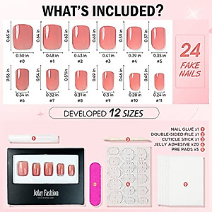 Press on Nails Short Nude, Jofay Fashion Square False Nails with Glue, Reusable & Natural Solid Color Acrylic Fake Nails Stick on Nails for Women Girls Gift, Gel Nail Kit Salon-Quality, Sweet Peach, 24pcs