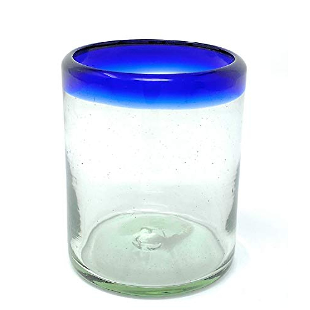 Hand Blown Mexican Drinking Glasses - Set of 6 Tumbler Glasses with Cobalt Blue Rims (10 oz each)
