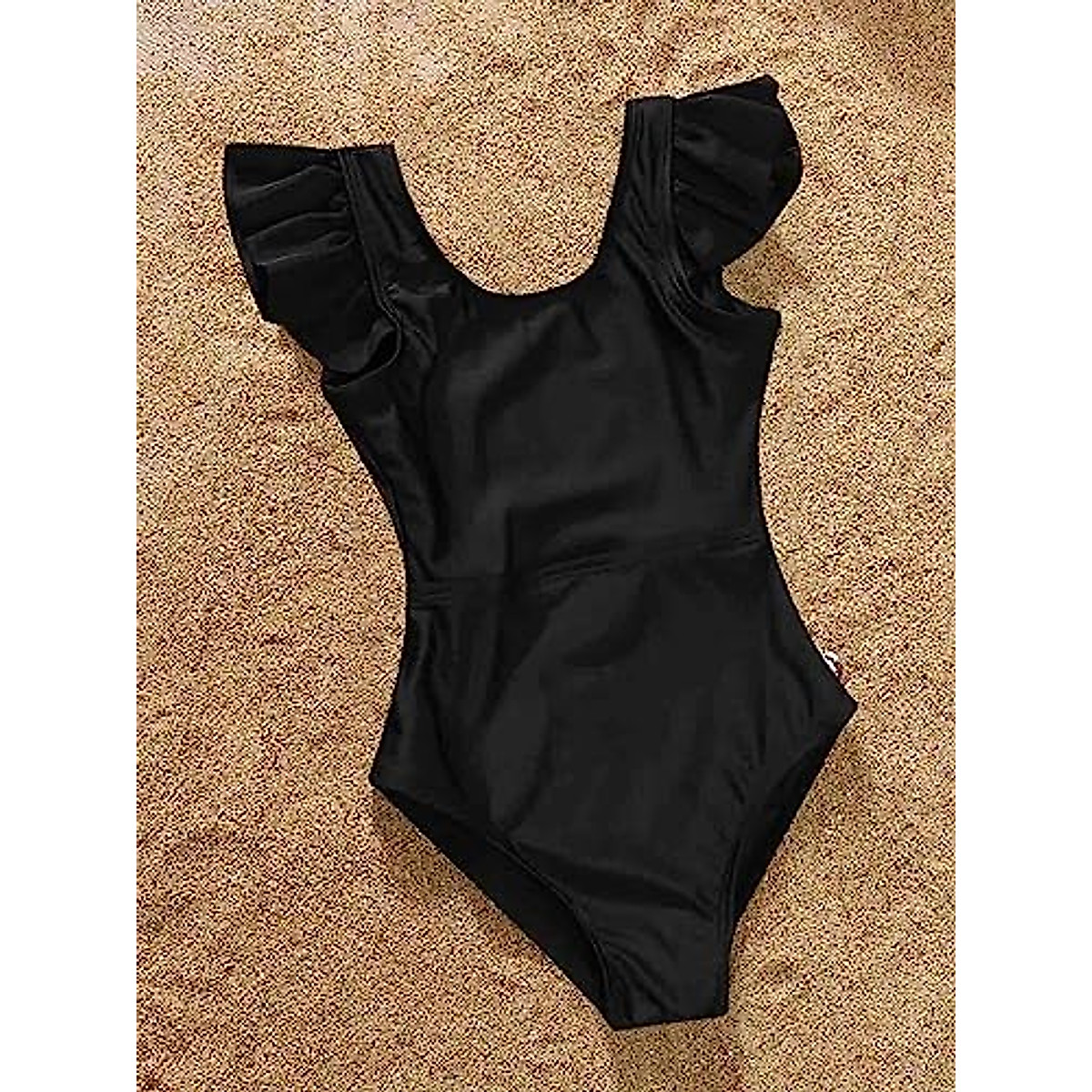 Mom and Me Matching Family Swimsuit Solid Color Small Fly Sleeves One-Piece Mother Daughter Girl One Piece Swimsuit (3-9 Years, A-Black Girls, 8-9 Years)