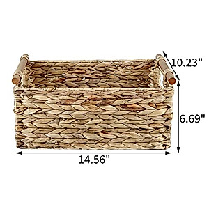 Water Hyacinth Storage Basket Hand-Woven Storage Baskets with Wooden Handle Decorative Wicker Storage Basket for Organizing Bathroom/Bedroom/Laundry Room/Pantry