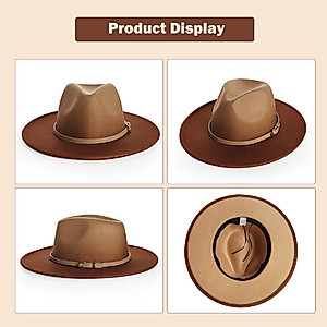 UTOWO Two-Color-Gradient-Ombre Felt-Fedora-Panama-Hats for Women Men, Two-Tone Tie-Dye Wide-Brim Fedora-Hat with Belt Buckle