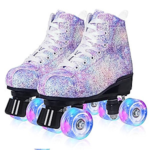 Nattork Women Roller Skates with Light Up Wheels, Unisex Retro Quad Skates for Outdoor & Indoor, Double Row Glitter Skates for Girls - Glitter(Women 8.5 US)